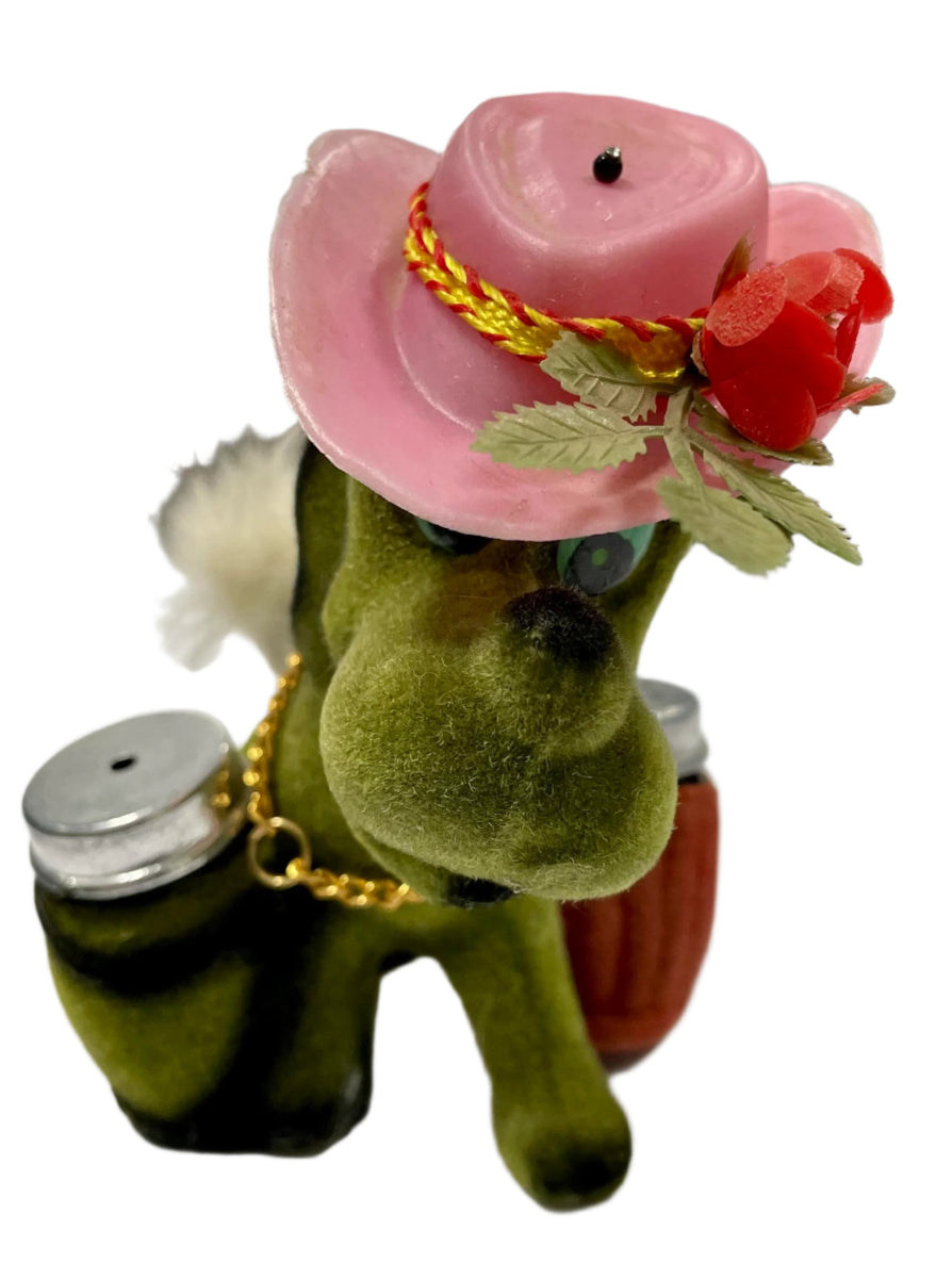 Vintage Kitsch Anthropomorphic Flocked Dog salt & pepper